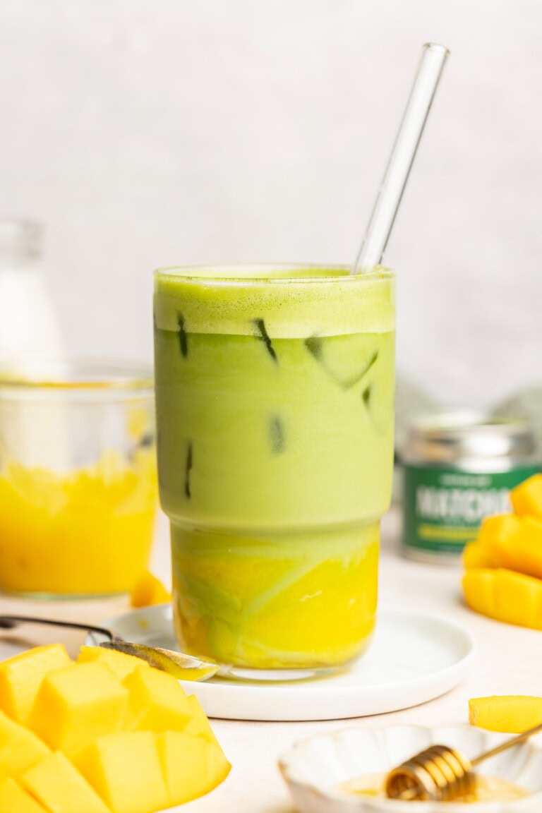 Iced Mango Matcha Latte - Liv Vegan Strong